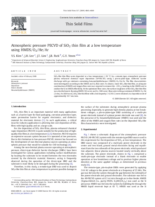 (PDF) Atmospheric pressure PECVD of SiO2 thin film at a low temperature using HMDS/O2/He/Ar