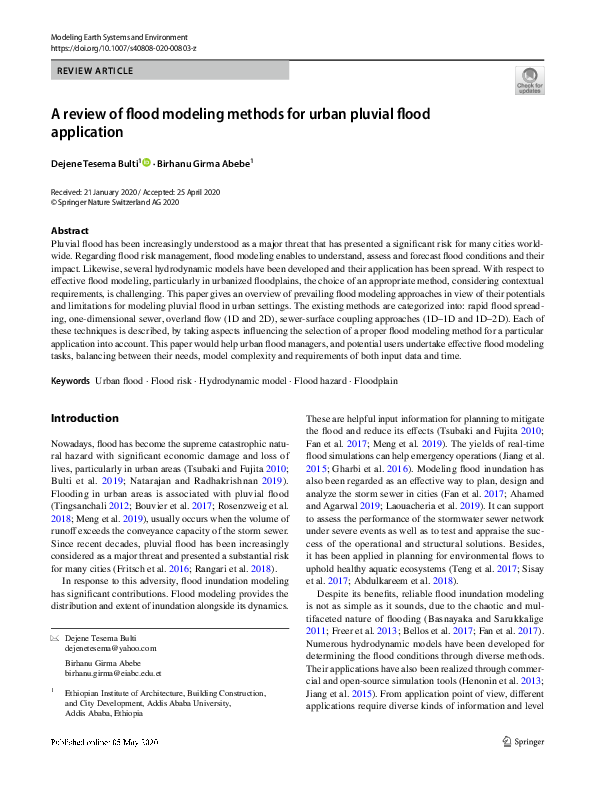 (PDF) A review of flood modeling methods for urban pluvial flood application