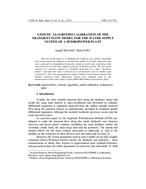 (PDF) Genetic Algorithm Calibration of the Transient Flow Model for the Water Supply System of a ...