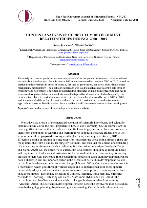 (PDF) Content Analysis of Curriculum Development Related Studies During: 2000 – 2019