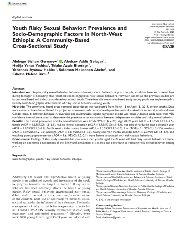 (PDF) Youth Risky Sexual Behavior: Prevalence and Socio-Demographic ...