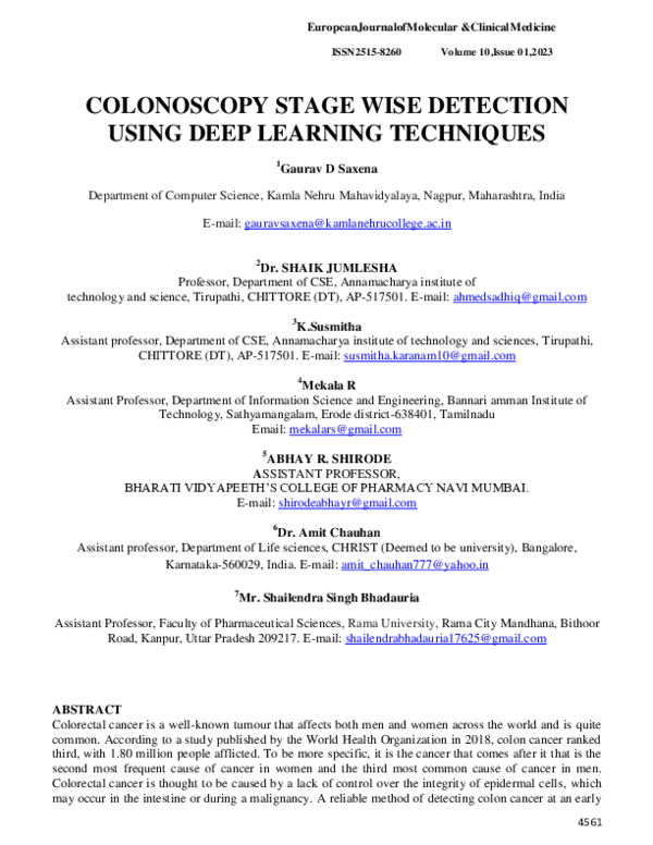 (PDF) COLONOSCOPY STAGE WISE DETECTION USING DEEP LEARNING TECHNIQUES