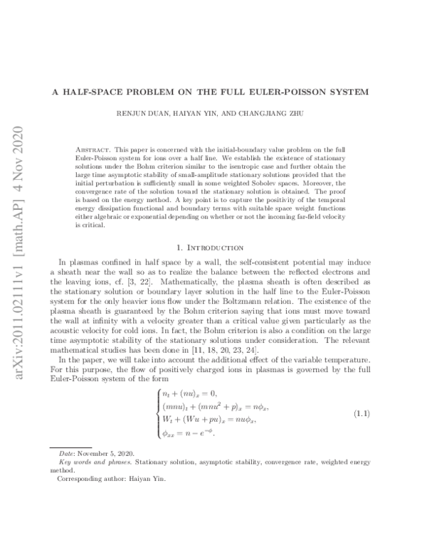 (PDF) A half-space problem on the full Euler-Poisson system | Renjun Duan - Academia.edu