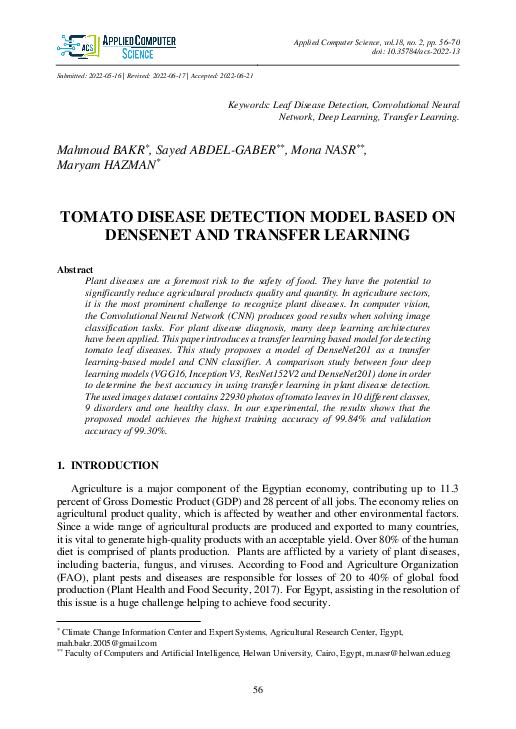 (PDF) Tomato Disease Detection Model Based on Densenet and Transfer ...