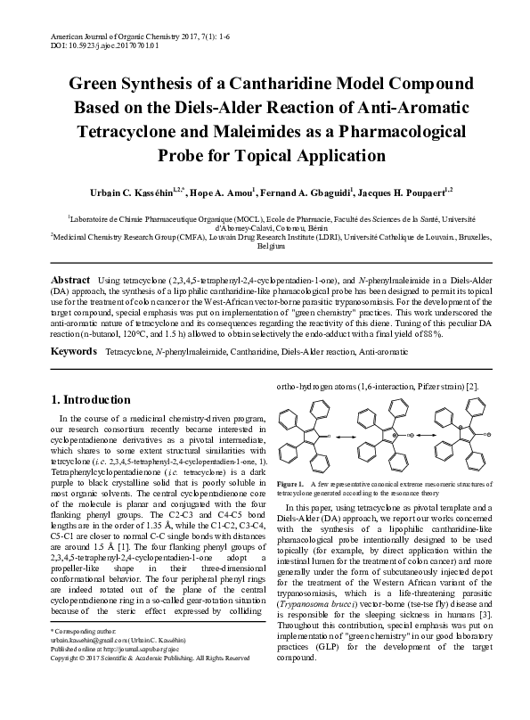 (PDF) Green Synthesis of a Cantharidine Model Compound Based on the ...