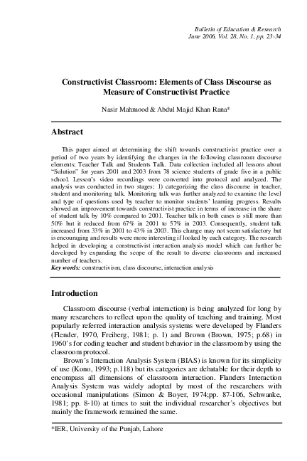 (PDF) Constructivist Classroom: Elements of Class Discourse as Measure of Constructivist Practice