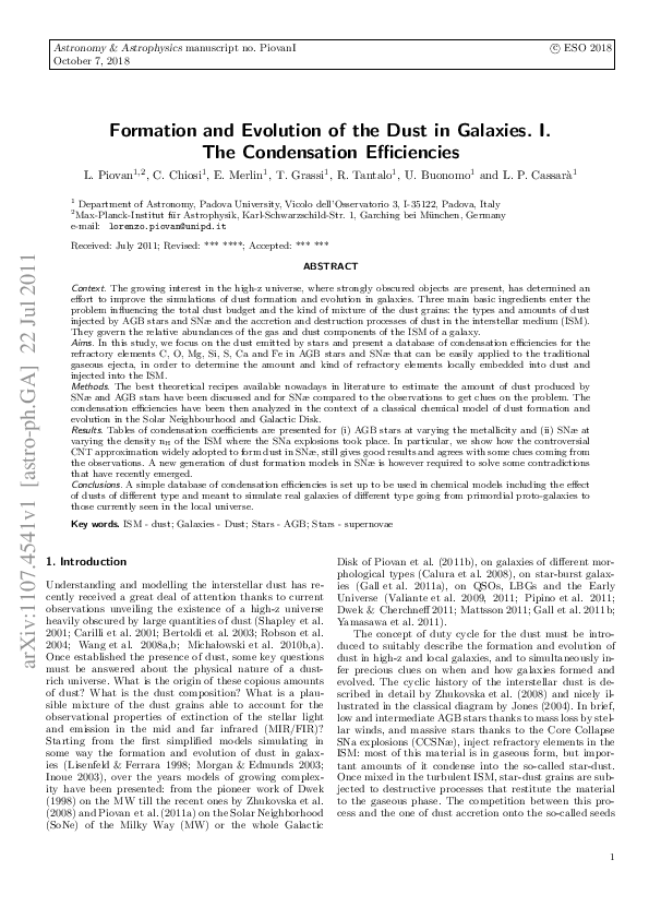 (PDF) Formation and Evolution of the Dust in Galaxies. I. The ...