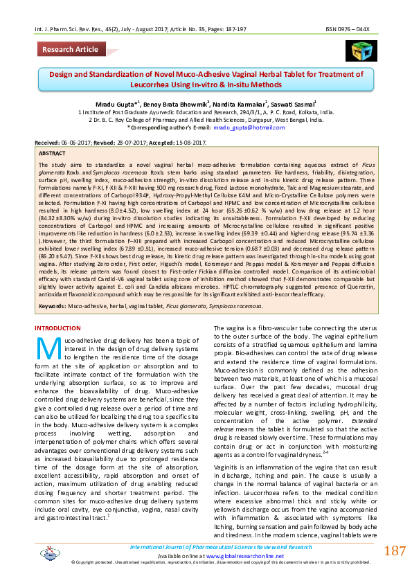 (PDF) Design and Standardization of Novel Muco-Adhesive Vaginal Herbal Tablet for Treatment of ...