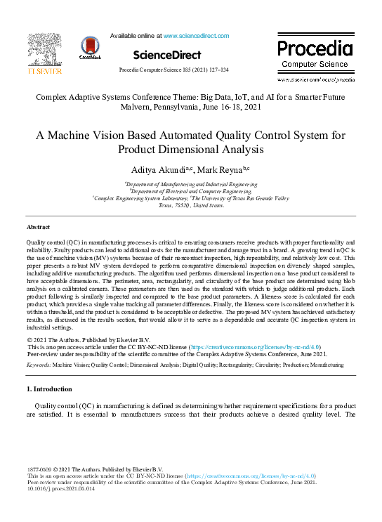 (PDF) A Machine Vision Based Automated Quality Control System for Product Dimensional Analysis