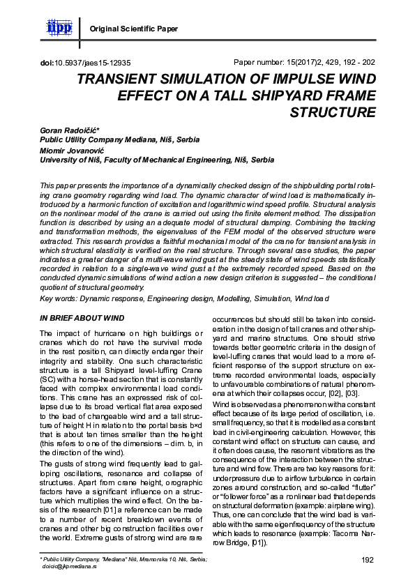 (PDF) Transient simulation of impulse wind effect on a tall shipyard frame structure