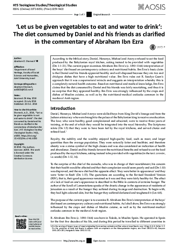 (PDF) ‘Let us be given vegetables to eat and water to drink’: The diet ...