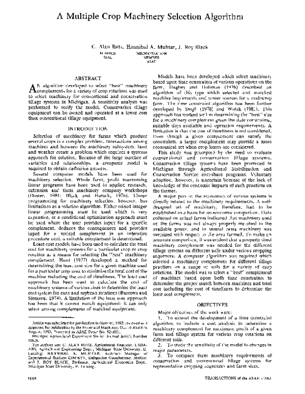 (PDF) A Multiple Crop Machinery Selection Algorithm