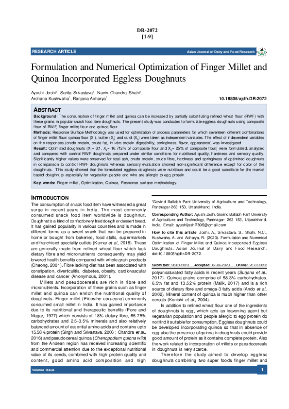 (PDF) Formulation and Numerical Optimization of Finger Millet and Quinoa Incorporated Eggless ...