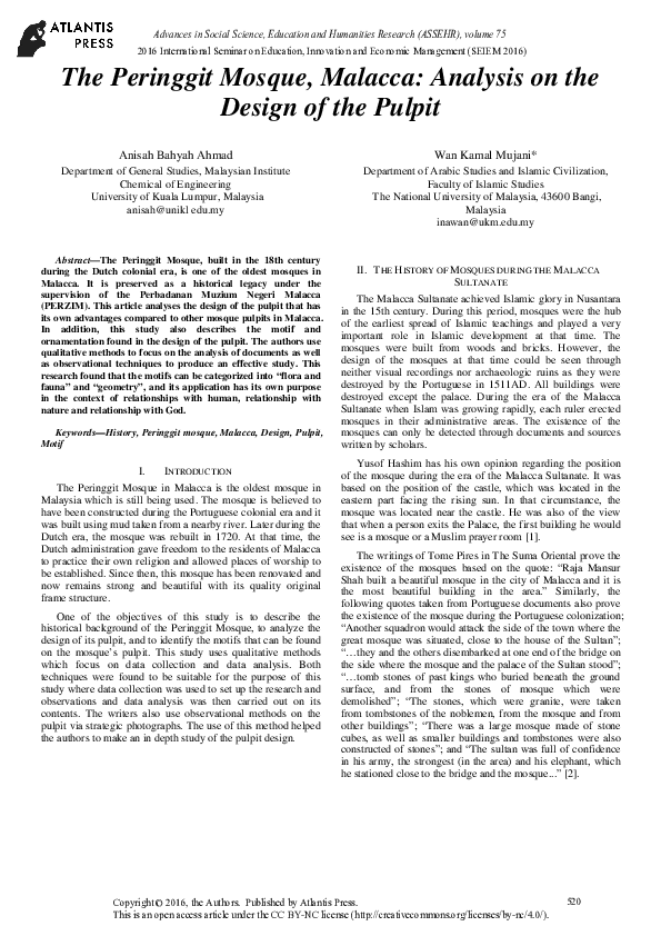 (PDF) The Peringgit Mosque, Malacca: Analysis on the Design of the Pulpit