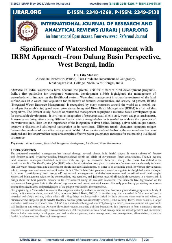 (PDF) Significance of Watershed Management with IRBM Approach –from ...