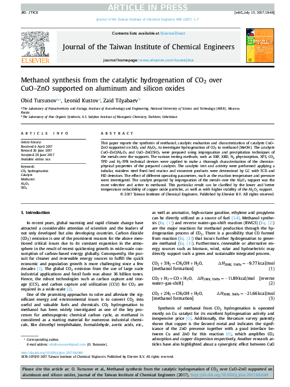 (PDF) Methanol synthesis from the catalytic hydrogenation of CO2 over ...