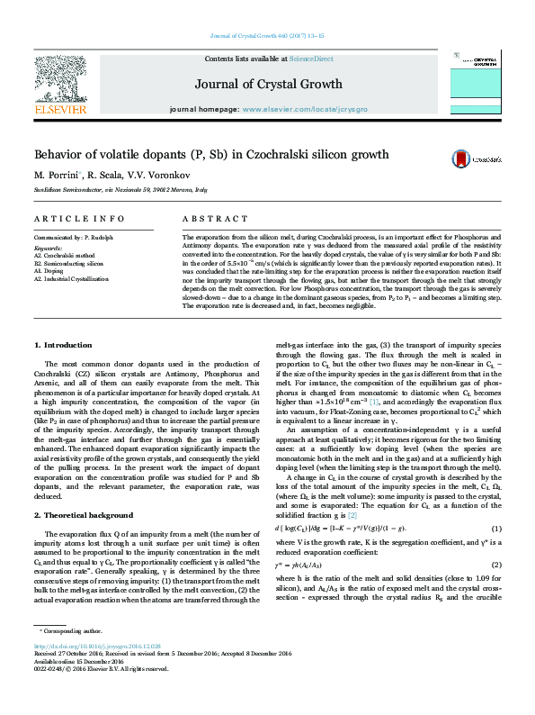 (PDF) Behavior of volatile dopants (P, Sb) in Czochralski silicon growth