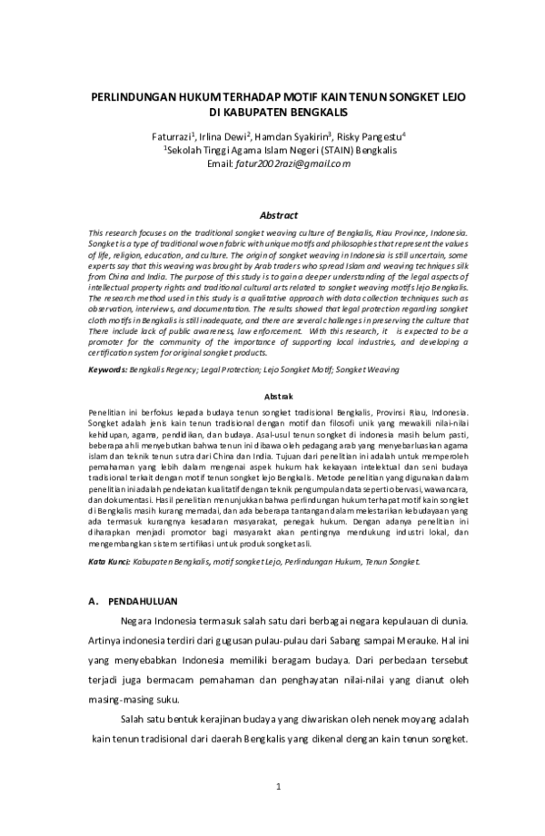 (PDF) Perlindungan Hukum Terhadap Motif Kain Tenun Songket Lejo DI ...