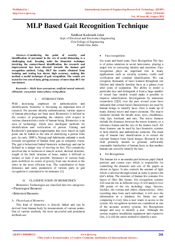 Pdf Mlp Based Gait Recognition Technique