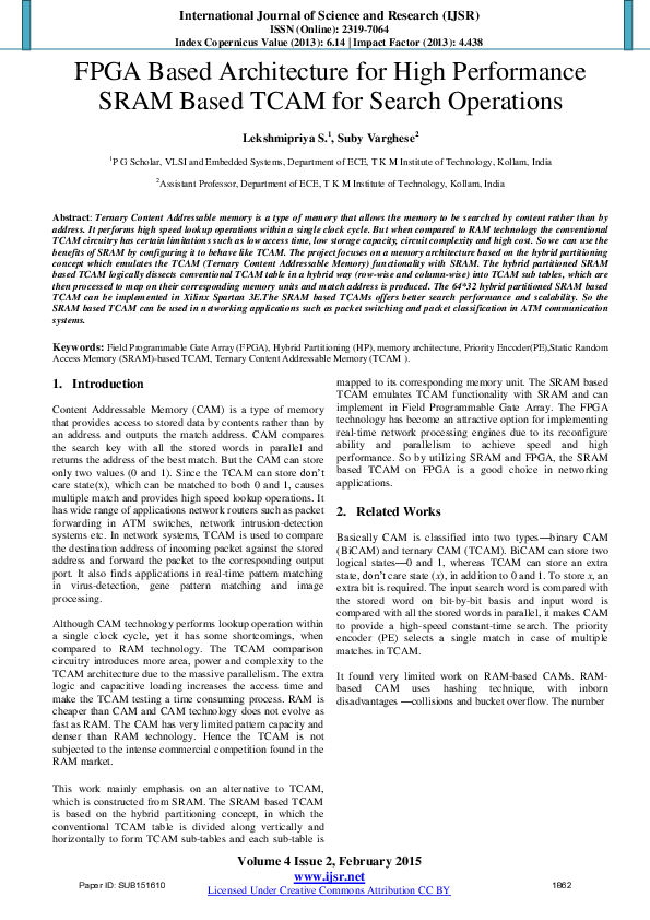 (PDF) FPGA Based Architecture for High Performance SRAM Based TCAM for Search Operations