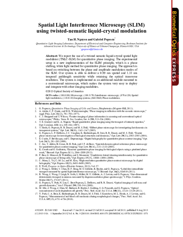 Pdf Spatial Light Interference Microscopy Slim Using Twisted Nematic Liquid Crystal Modulation