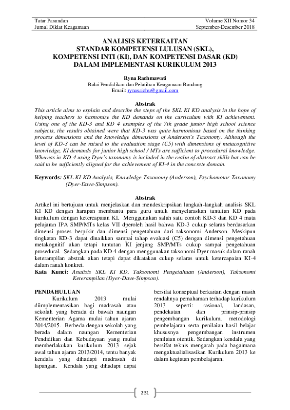 (PDF) Analisis Keterkaitan Standar Kompetensi Lulusan (SKL), Kompetensi Inti (Ki), Dan ...