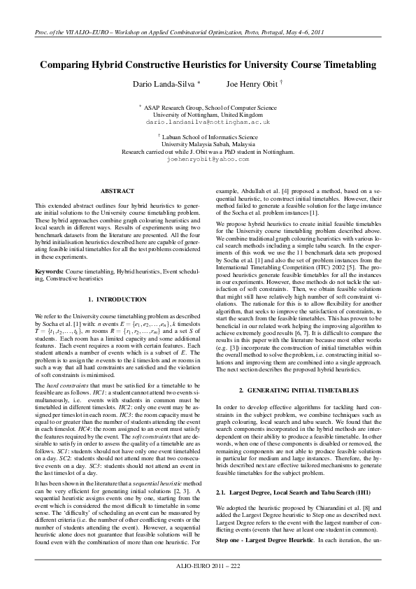(PDF) Comparing Hybrid Constructive Heuristics for University Course Timetabling