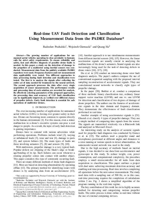 Pdf Real Time Uav Fault Detection And Classification Using Measurement Data From The Padre