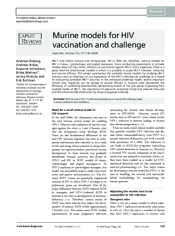 (PDF) Murine models for HIV vaccination and challenge
