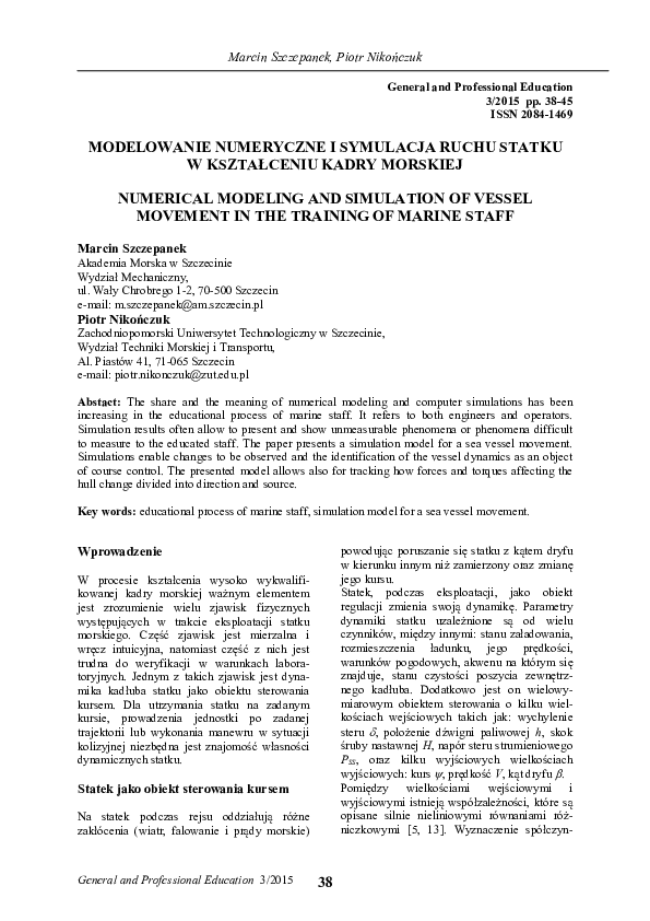 (PDF) Numerical modeling and simulation of vessel movement in the training of marine staff ...