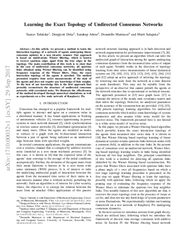 (PDF) Learning the exact topology of undirected consensus networks