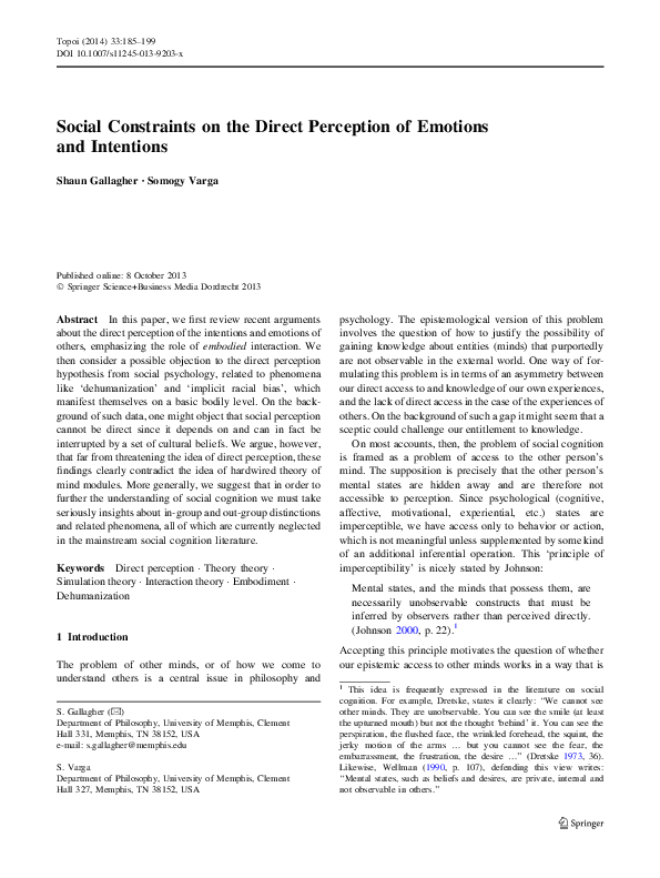 (PDF) Social Constraints on the Direct Perception of Emotions and Intentions