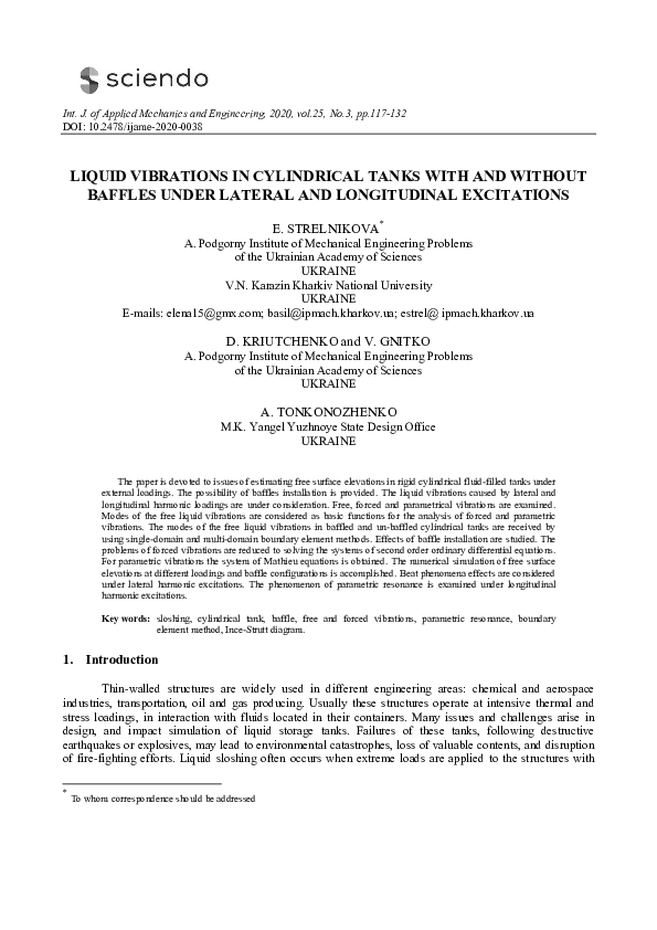 (PDF) Liquid Vibrations in Cylindrical Tanks with and Without Baffles ...