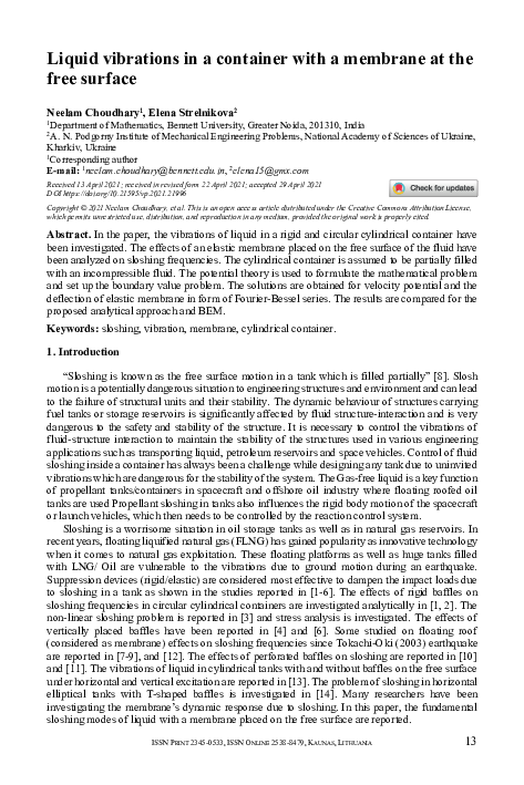 (PDF) Liquid vibrations in a container with a membrane at the free surface