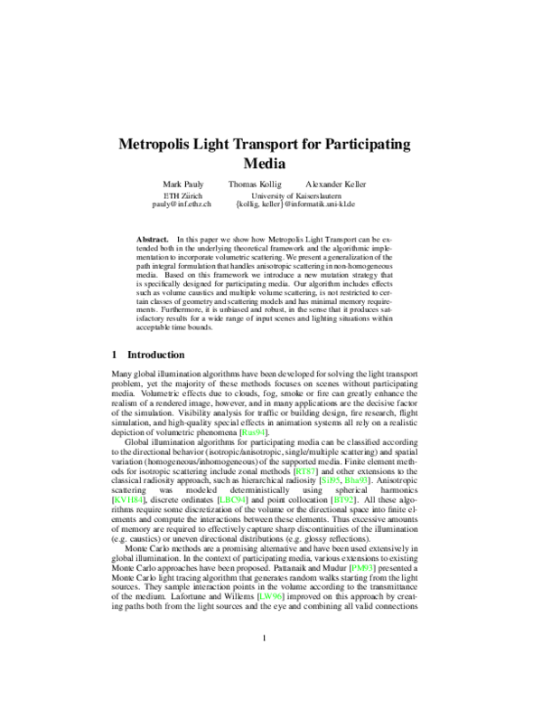 (PDF) Metropolis Light Transport for Participating Media