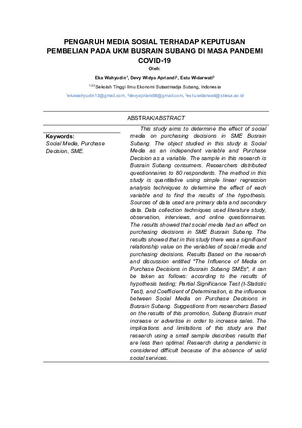 (PDF) PENGARUH MEDIA SOSIAL TERHADAP KEPUTUSAN PEMBELIAN PADA UKM BUSRAIN SUBANG DI MASA PANDEMI ...