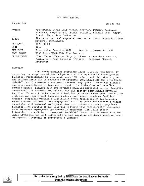 (PDF) Single versus Dual Paycheck: Married Parents' Attitudes about ...