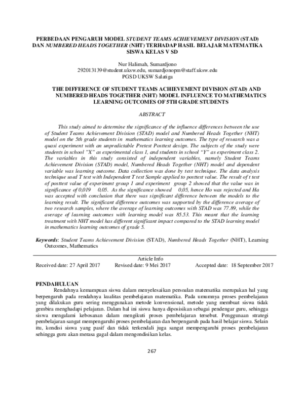 (PDF) Perbedaan Pengaruh Model Student Teams Achievement Division (Stad ...