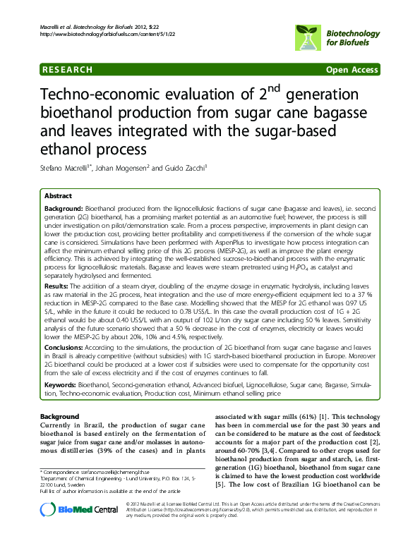 (PDF) Techno-economic evaluation of 2nd generation bioethanol production from sugar cane bagasse ...