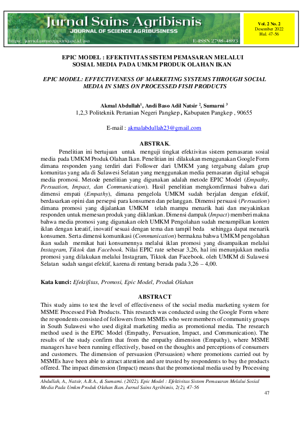 (PDF) Epic Model : Efektivitas Sistem Pemasaran Melalui Sosial Media Pada Umkm Produk Olahan Ikan