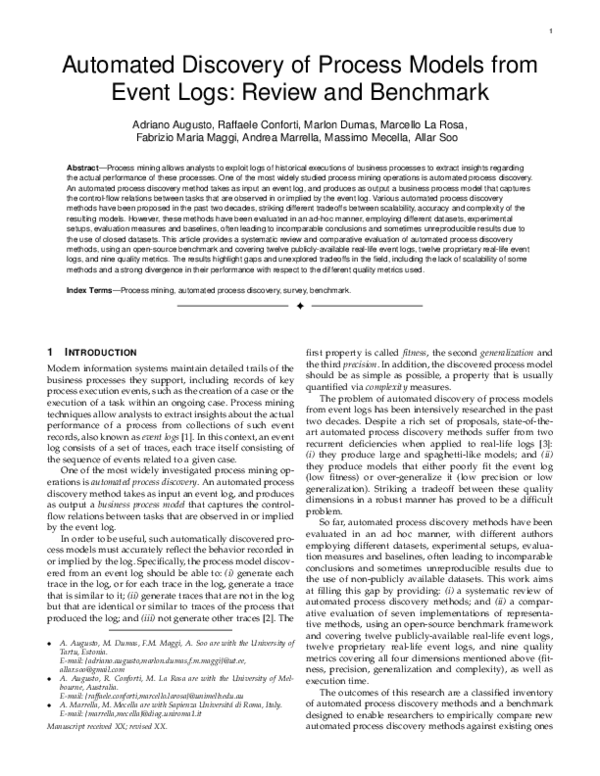 (PDF) Automated Discovery of Process Models from Event Logs: Review and Benchmark