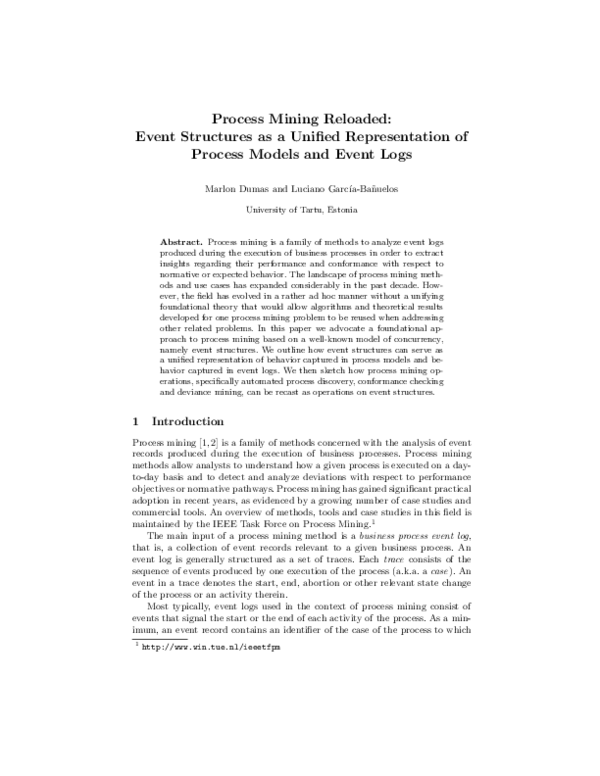 (PDF) Process Mining Reloaded: Event Structures as a Unified Representation of Process Models ...