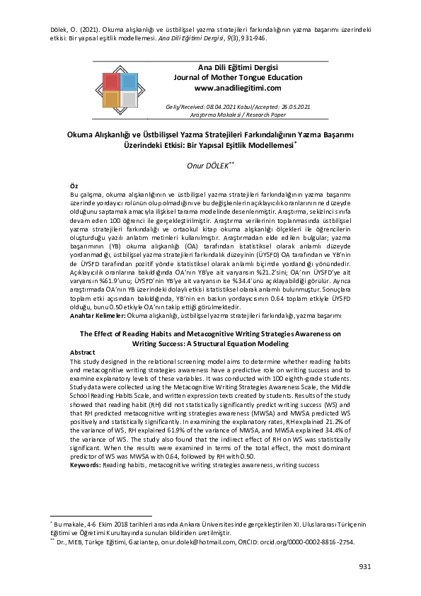 Pdf The Effect Of Reading Habits And Metacognitive Writing Strategies Awareness On Writing