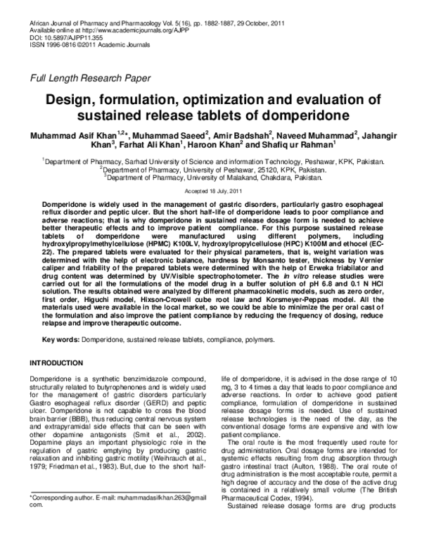 Pdf Design Formulation Optimization And Evaluation Of Sustained Release Tablets Of Domperidone