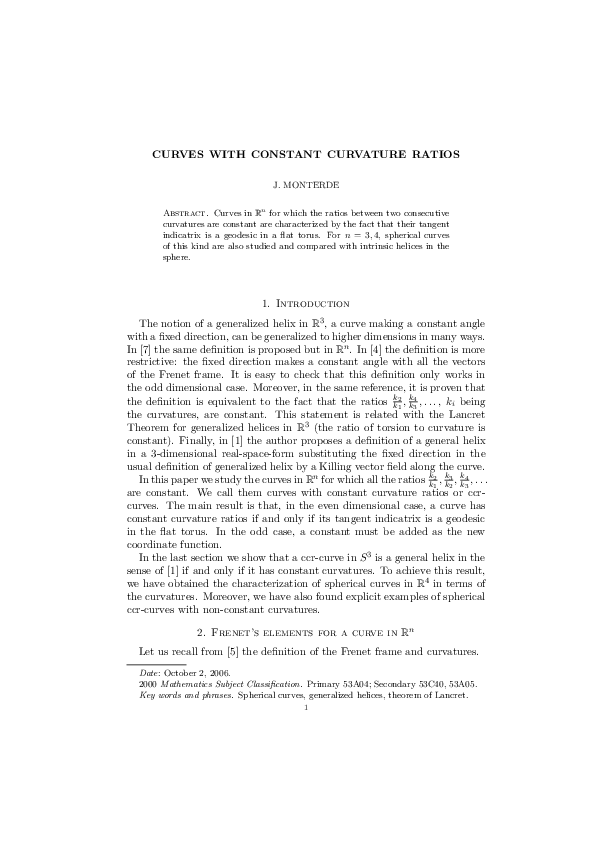 (PDF) Curves with constant curvature ratios