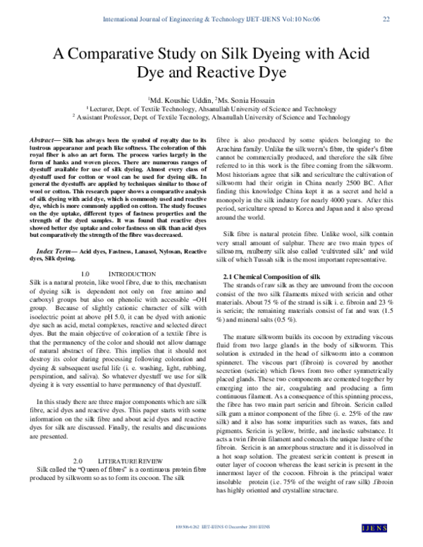 (PDF) A Comparative Study on Silk Dyeing with Acid Dye and Reactive Dye