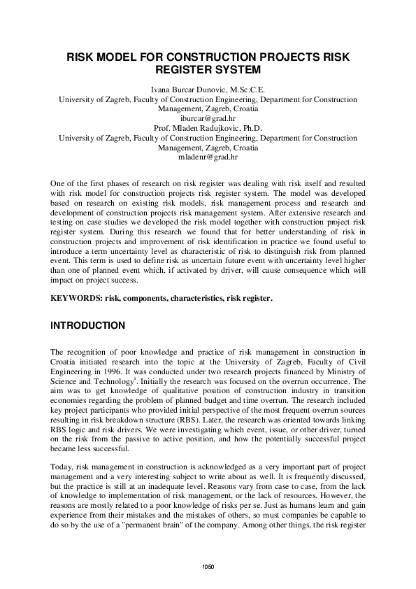 (PDF) Risk Model for Construction Projects Risk Register System