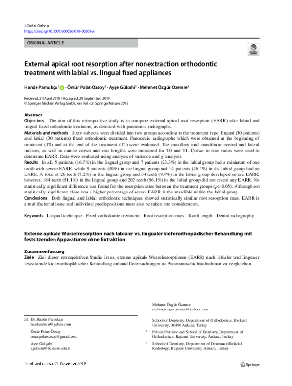 (PDF) External apical root resorption after nonextraction orthodontic treatment with labial vs ...
