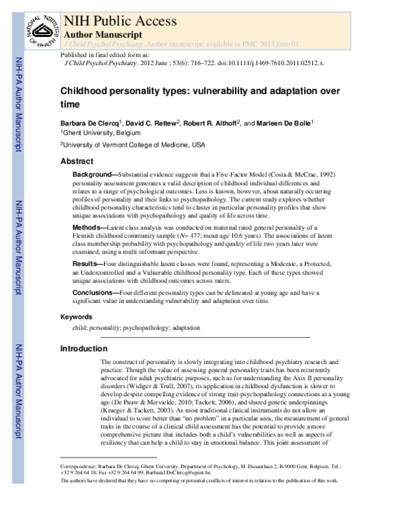 (PDF) Childhood personality types: vulnerability and adaptation over time