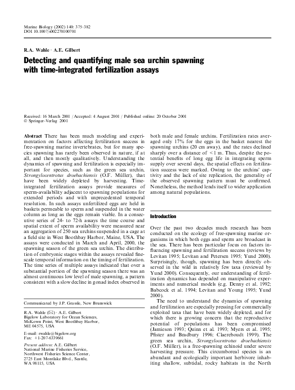 (PDF) Detecting and quantifying male sea urchin spawning with time-integrated fertilization assays